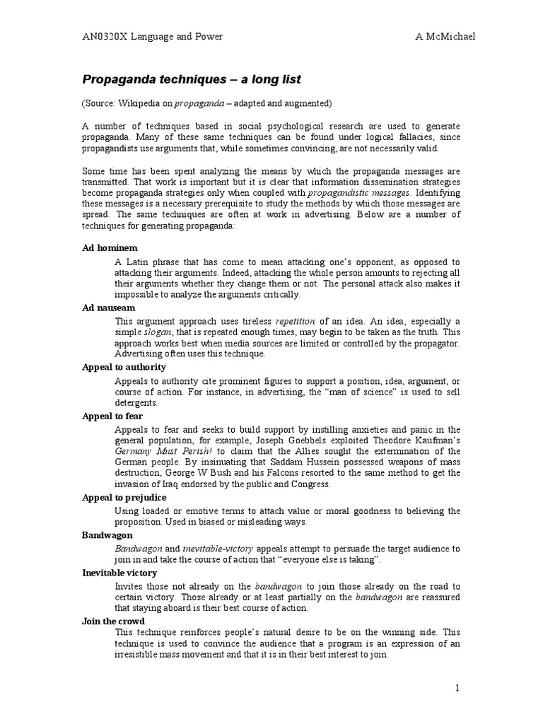 Propaganda Techniques - A Long List: An0320X Language and Power A ...