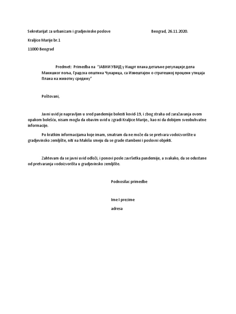 Primedba Na Plan Detalnje Regulacije Dela Makiškog Polja | PDF