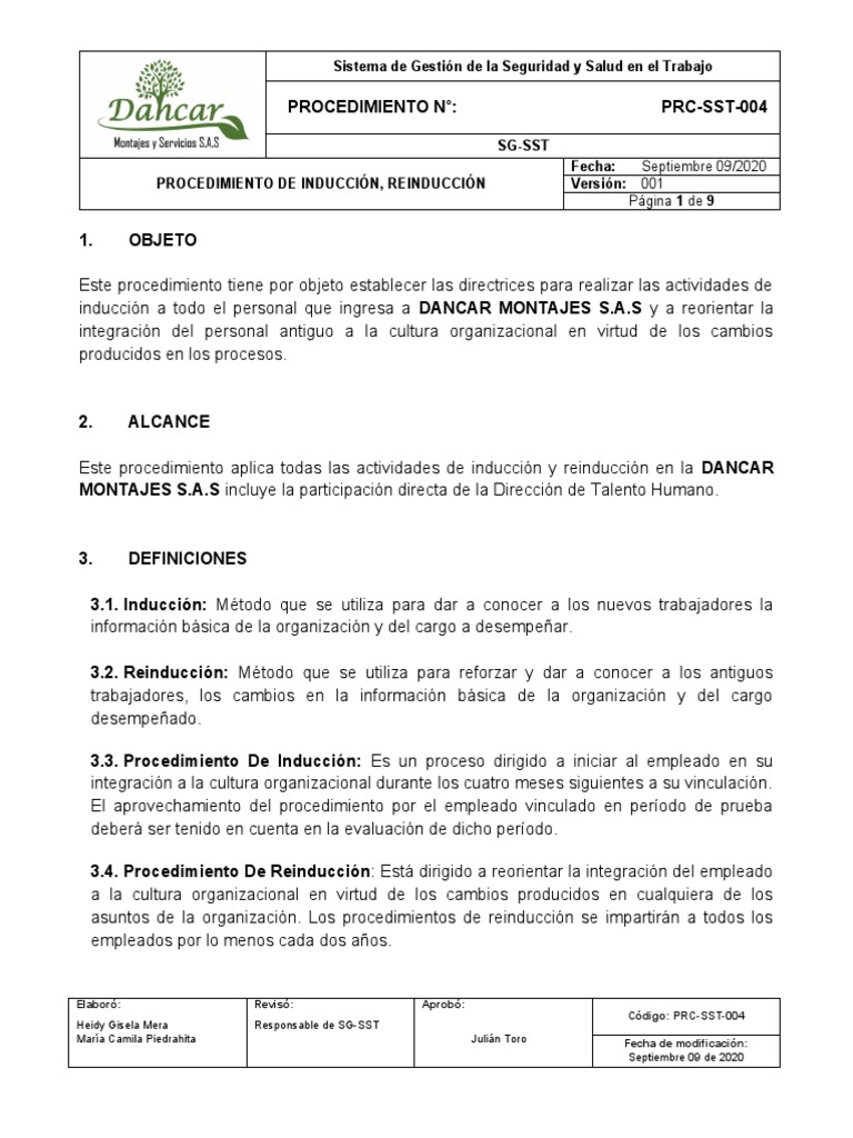 PRC-SST-004 Procedimiento de Induccion Y Reinduccion | PDF | Evaluación | Razonamiento inductivo