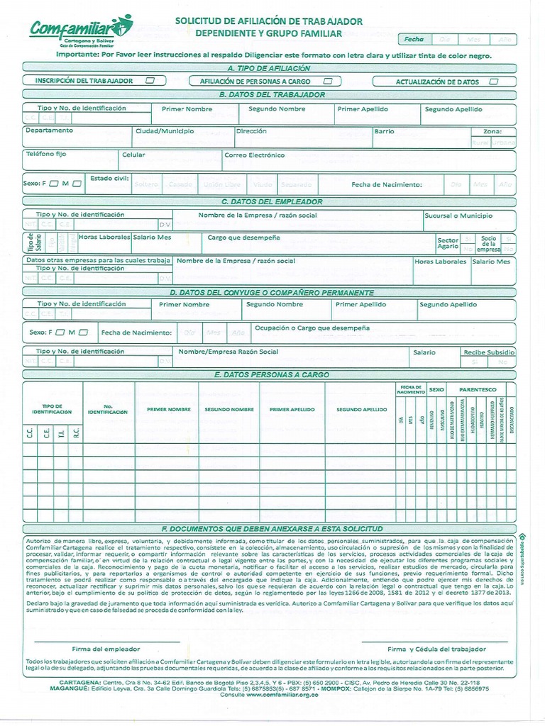Comfamiliar Cartagena Formulario | PDF