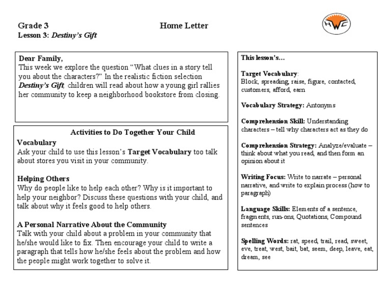 Grade 3 Home Letter: Lesson 3: Destiny's Gift Dear Family | PDF