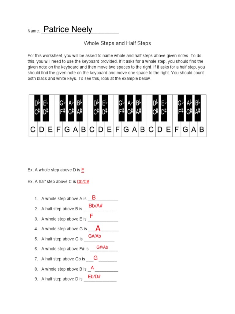 Whole and Half Steps Worksheet | PDF | Pitch (Music) | Music Theory