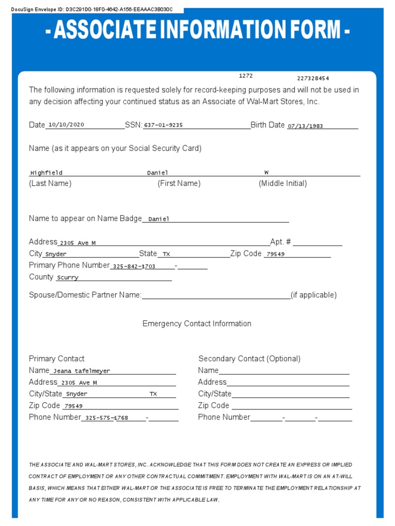 Wal-Mart Associate Information Form | PDF | Drug Test | Race And ...