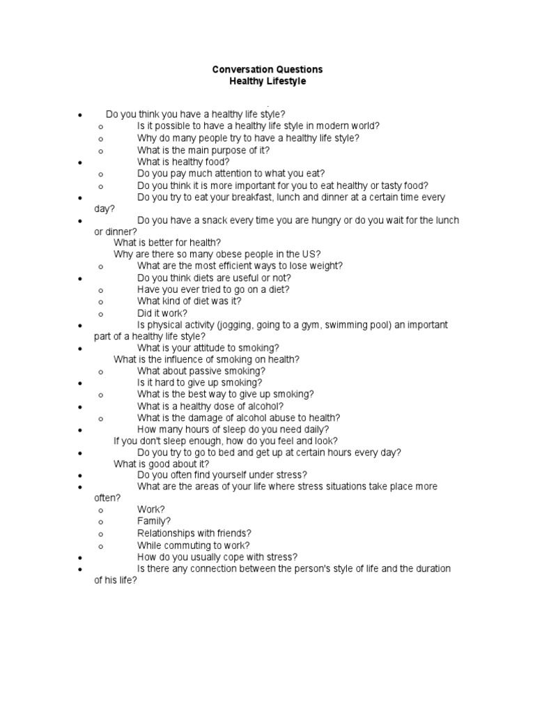 O o o o o : Conversation Questions Healthy Lifestyle | PDF