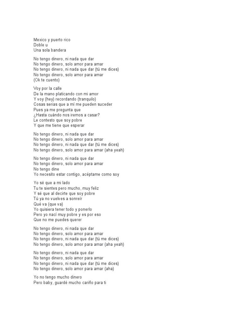 Letra de "No tengo dinero" | PDF