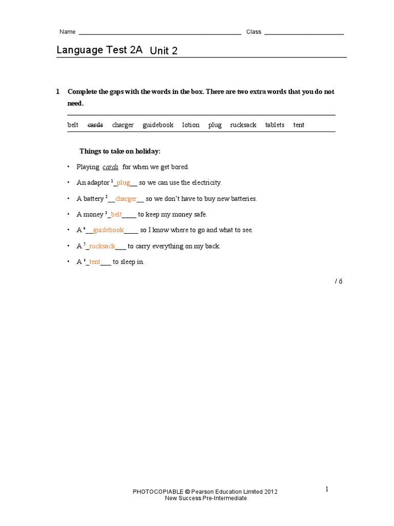 Language Test 2A Unit 2: 1 Complete The Gaps With The Words in The Box ...