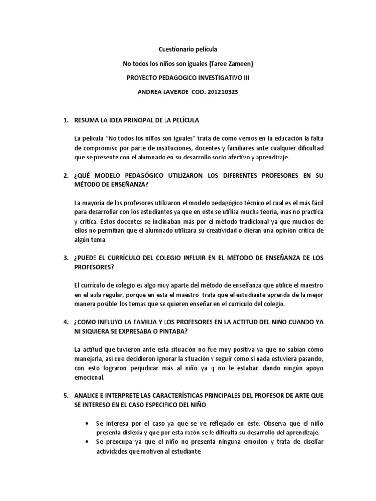 Cuestionario Película | PDF | Plan de estudios | Maestros