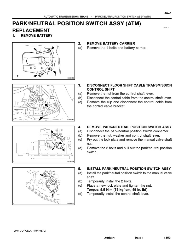 Park/Neutral Position Switch Assy (Atm) : Replacement | PDF | Automatic ...