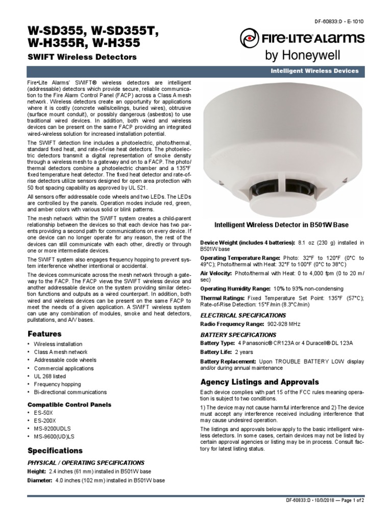 DF-60833 W-SD355, W-SD355T, W-H355R, W-H355 SWIFT Wireless Detectors DataSheet | PDF | Sensor ...