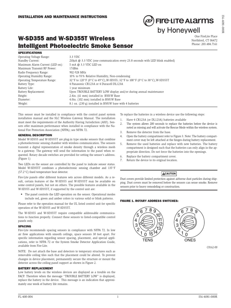I56-4081-000 W-SD355 and W-SD355T Wireless Intelligent Photo Smoke Sensor Manual | PDF | Radio ...