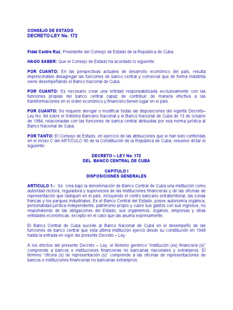 Copia de Decreto-Ley 172 | PDF | Bancos centrales | Bancos