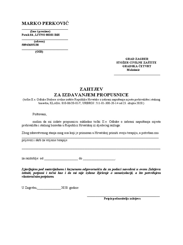 Obrazac Zahtjeva I Propusnice - Novo | PDF