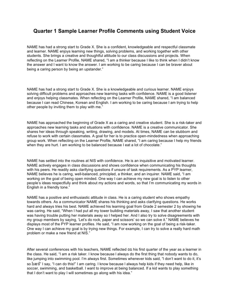 Quarter 1 Sample Learner Profile Comments Using Student Voice | PDF ...