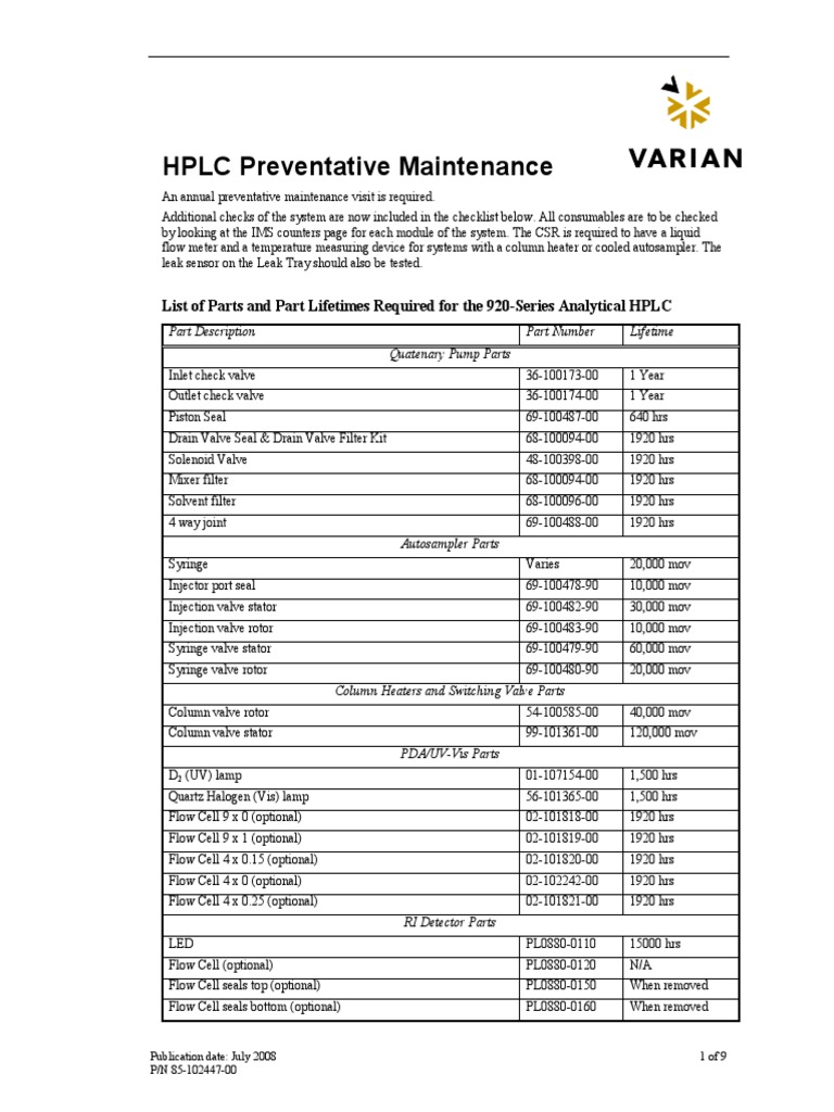 HPLC Preventative Maintenance Checklist | PDF | Valve | Ultraviolet ...