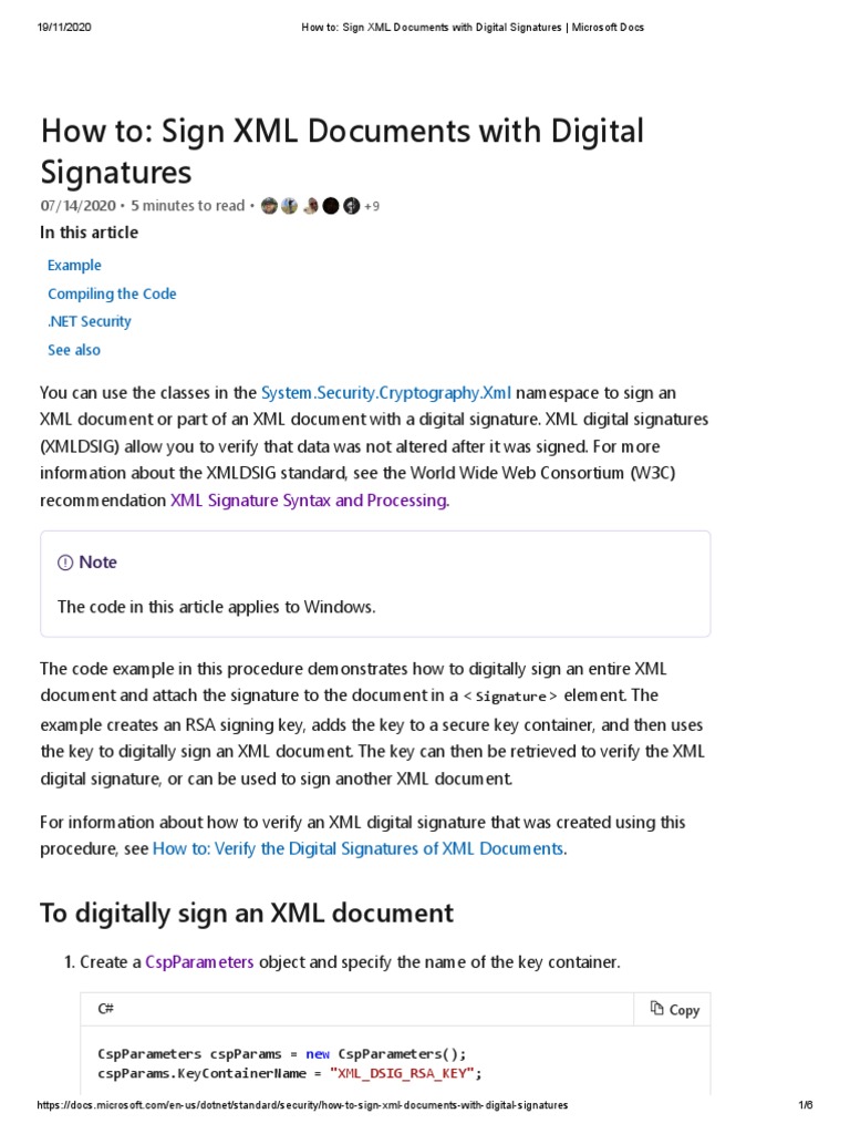 How To - Sign XML Documents With Digital Signatures - Microsoft Docs | PDF | Key (Cryptography ...