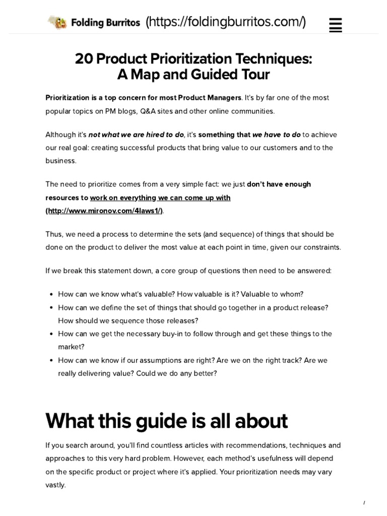 20 Product Prioritization Techniques - A Map and Guided Tour | PDF ...