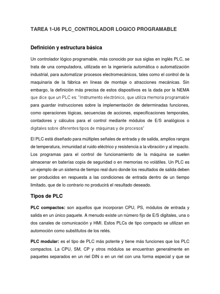 Tarea 1-U6 PLC - Controlador Logico Programable | PDF | Controlador lógico programable | Equipo ...