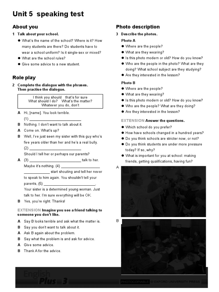 Unit 5 Speaking Test: About You Photo Description | PDF