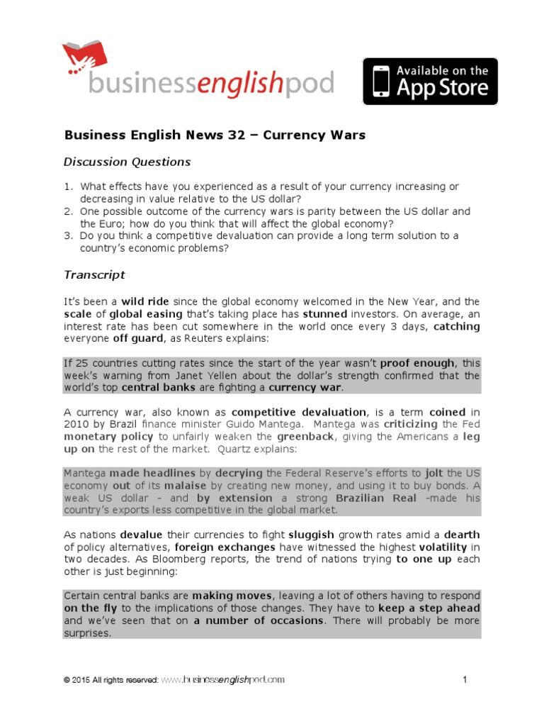 Business English News 32 - Currency Wars: Discussion Questions | PDF | Quantitative Easing ...