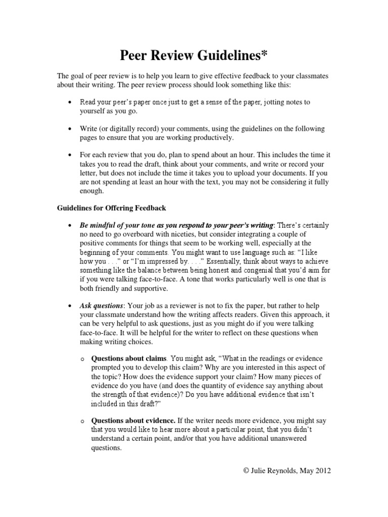Peer Review Guidelines by Julie Reynolds | PDF | Writers | Peer Review
