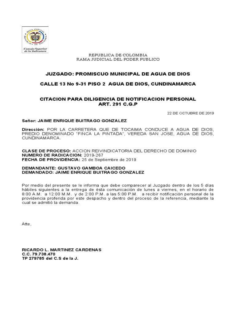 Formato de Citacion para Notificacion Personal Auto Admisorio de ... Formato de Citacion para Notificacion Personal Auto Admisorio de ...