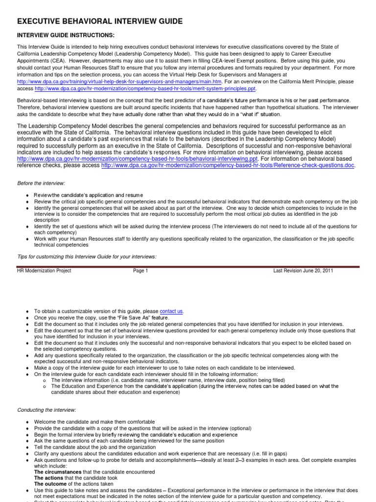 Executive Behavioral Interview Guide | PDF | Competence (Human ...