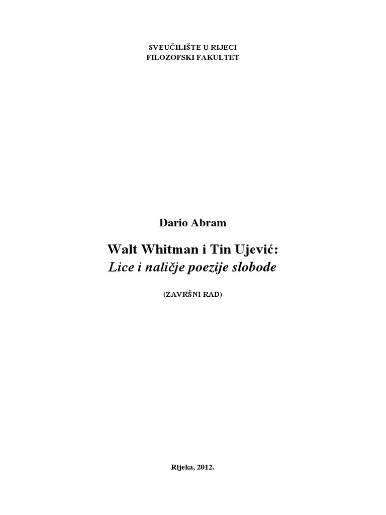 Walt Whitman I Tin Ujevic Lice I Nalicje PDF | PDF