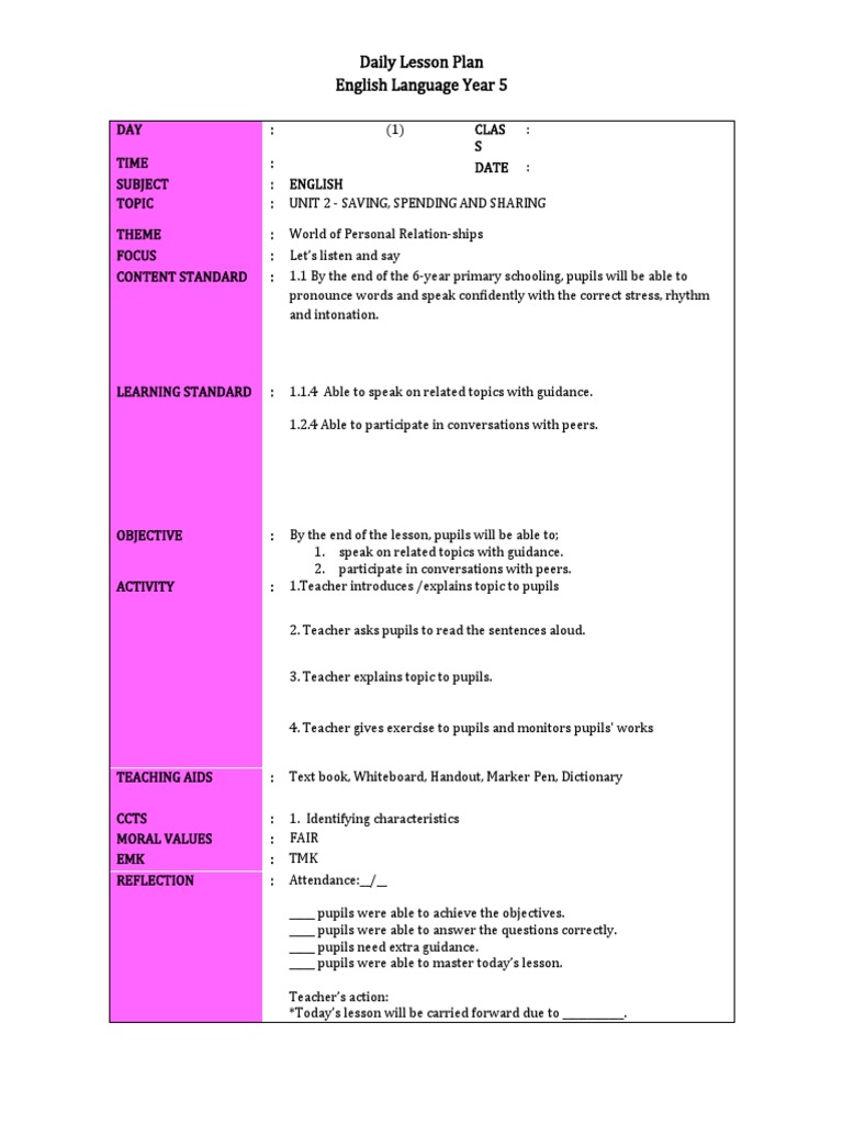 Daily Lesson Plan English Language Year 5 | PDF | Lesson Plan | Teachers