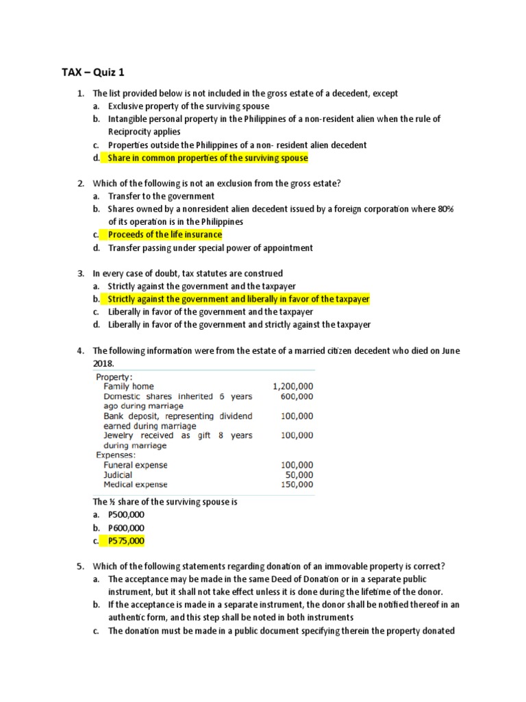 TAX - Quiz 1 | PDF | Taxation In The United States | Taxes