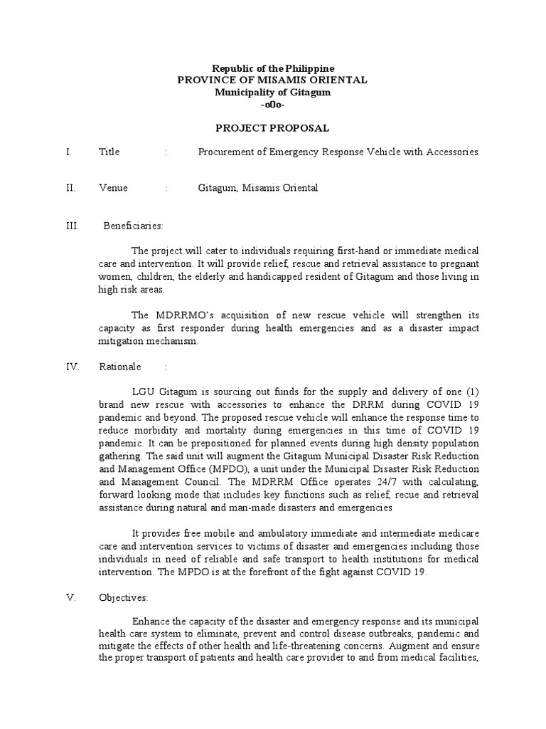 Project Proposal Rescue Vehicle Bayanihan Act | PDF | Emergency ...