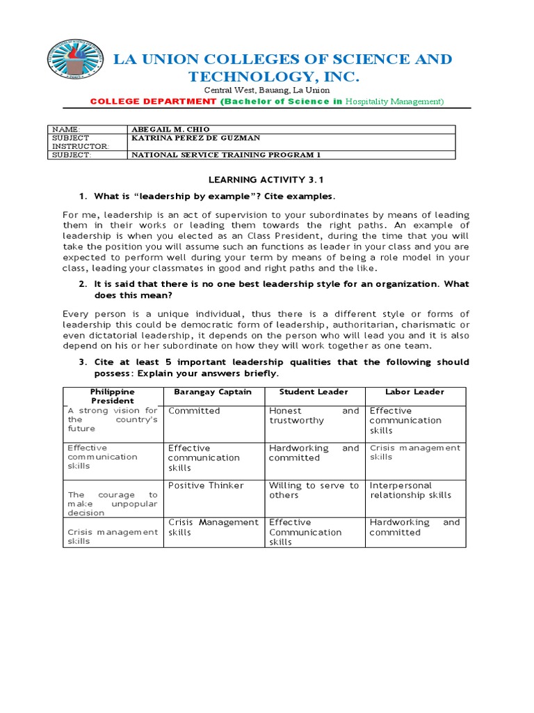 Abegail Chio BSHM 1B NSTP Activity 1 To 4 | PDF | Leadership | Gender