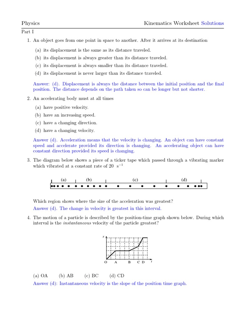 Physics Kinematics Worksheet: Solutions | PDF | Velocity | Acceleration