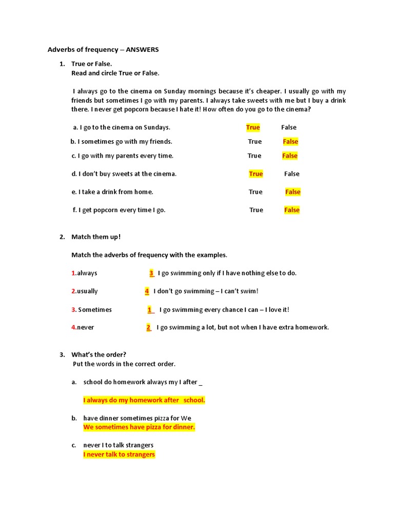 Adverbs of Frequency - ANSWERS: 1. True or False. Read and Circle True ...