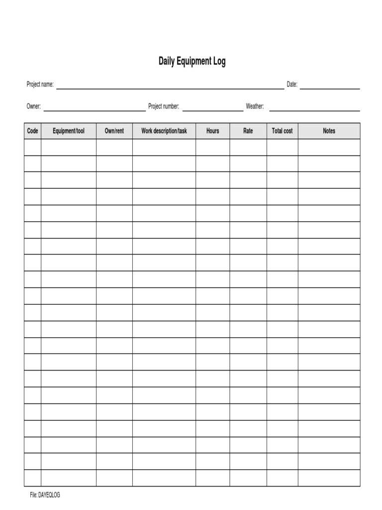 Daily Equipment Log Template | PDF