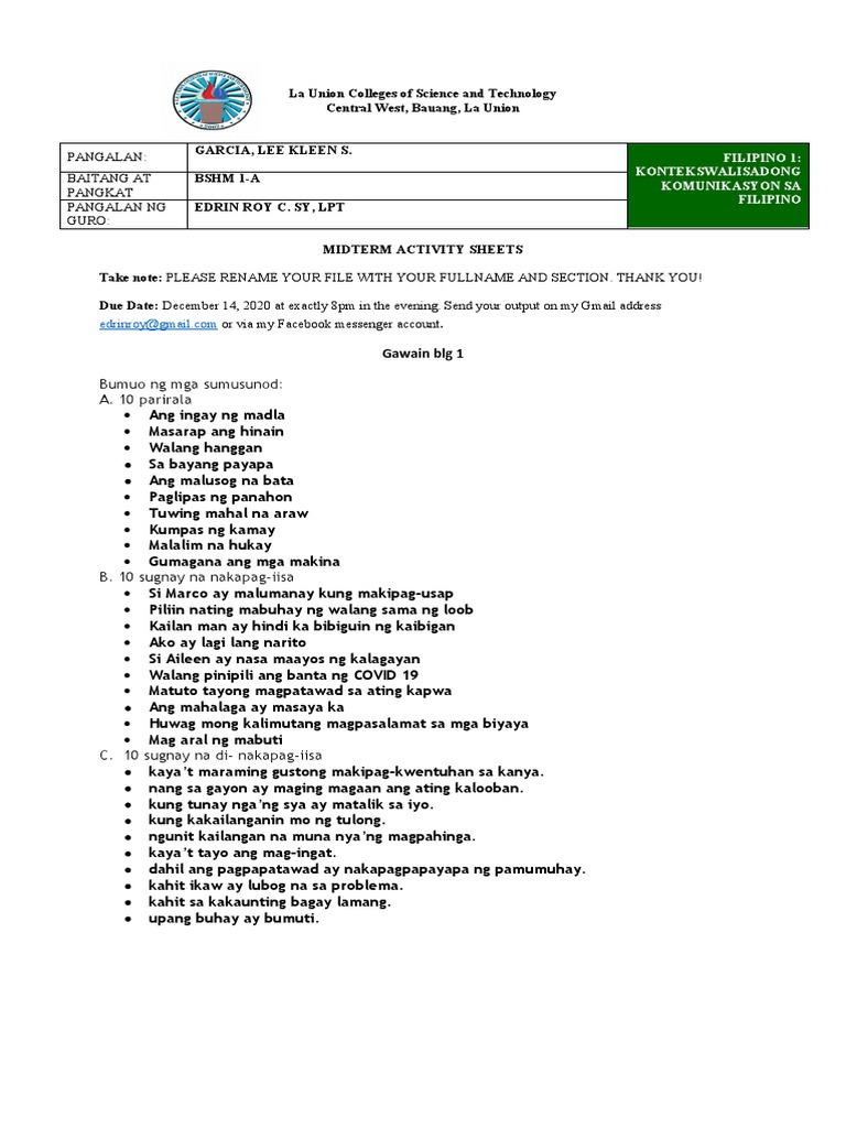 Kon Fil Midterm Activity Sheets | PDF