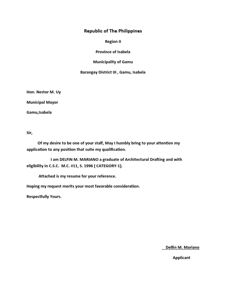 Philippines Isabela Gamu Barangay District III job application letter | PDF