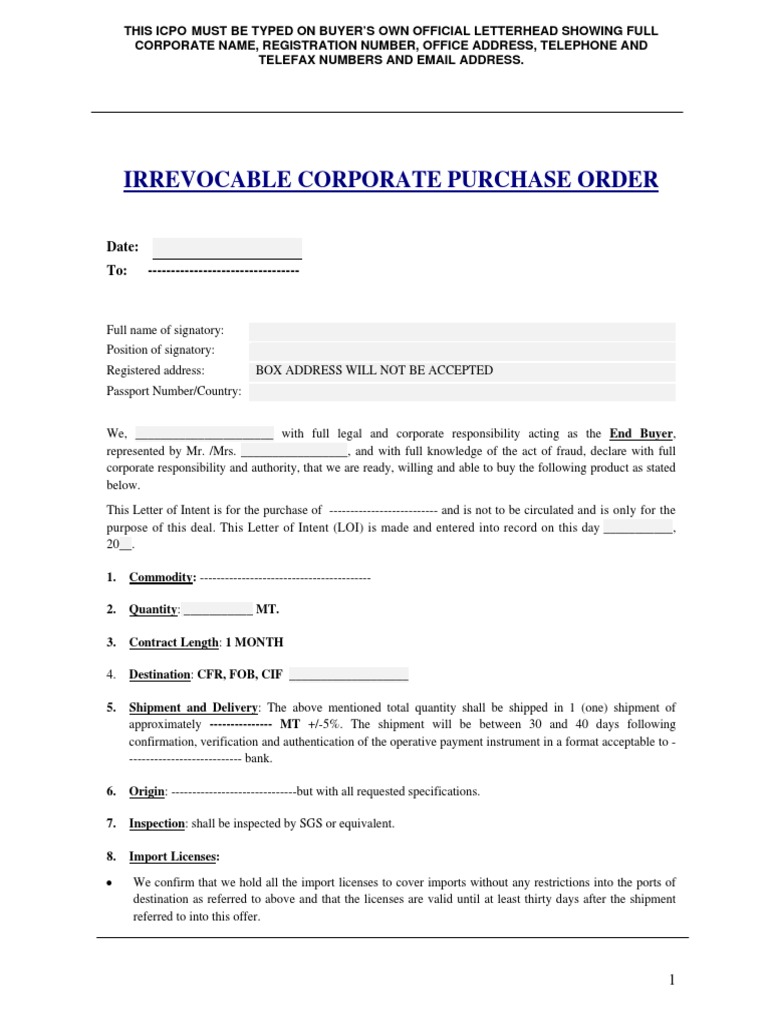Irrevocable Corporate Purchase Order: Date: To | PDF | Shipping Service ...