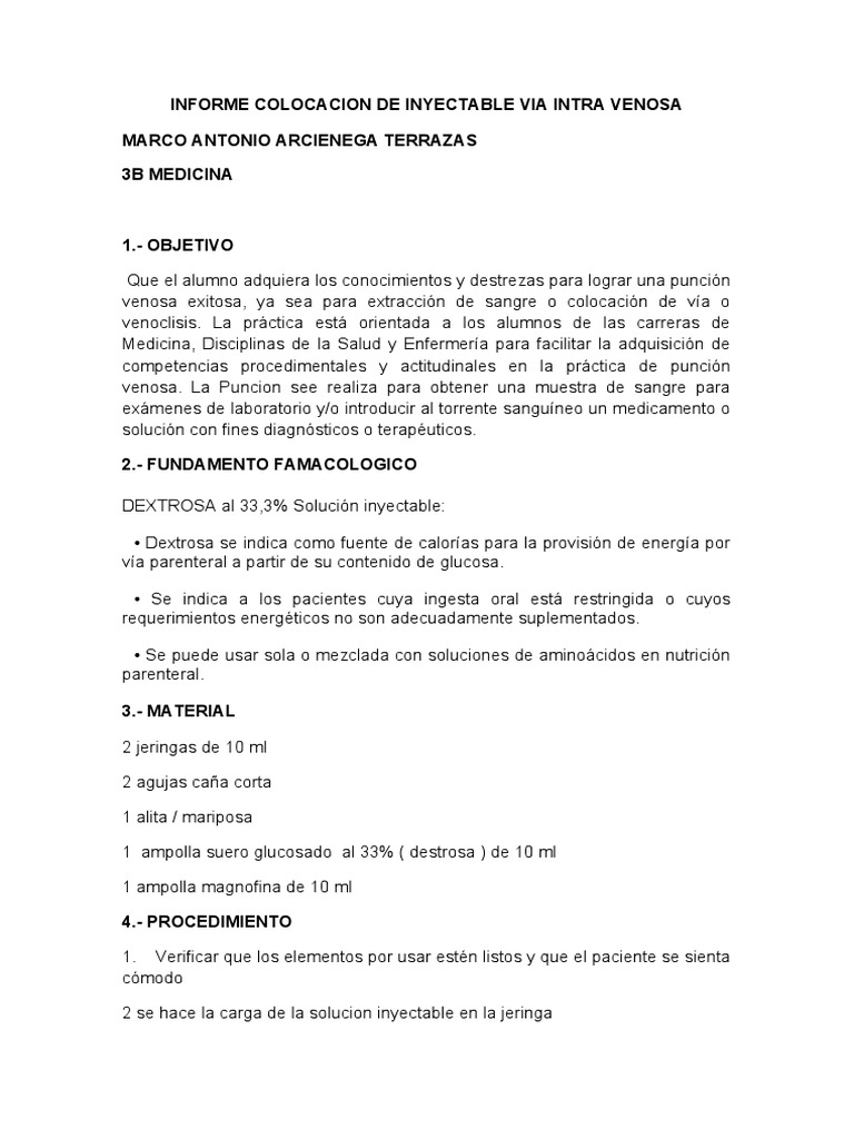 Informe Colocacion de Inyectable Via Intra Venosa | PDF | Alergia | Inyección (medicina)