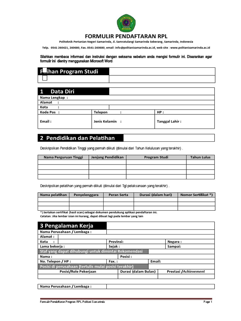 Formulir Pendaftaran - RPL | PDF