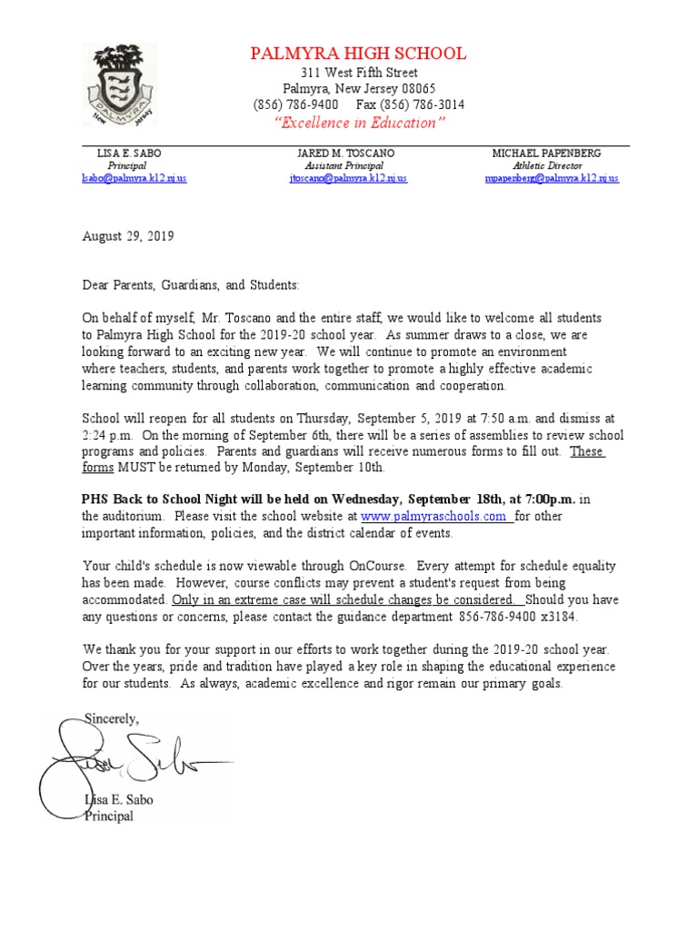 Welcome Back Letter '19-20 | PDF