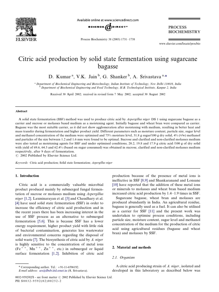 Optimization of Process Parameters for Maximum Citric Acid Production Using Sugarcane Bagasse as ...