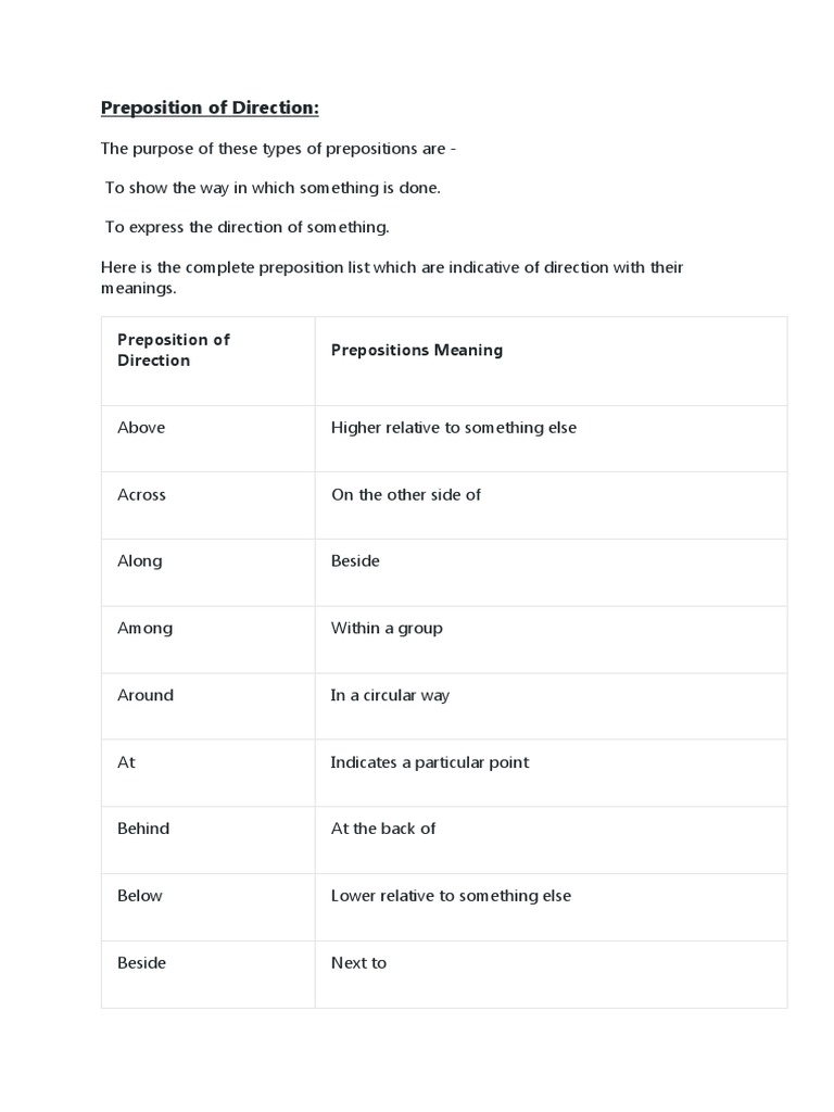 Preposition of Direction Prepositions Meaning | PDF | Preposition And ...