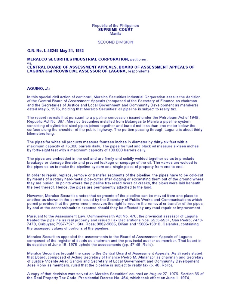 Meralco Securities v. Bd. of Assessment Appeals | PDF | Certiorari | Real Property