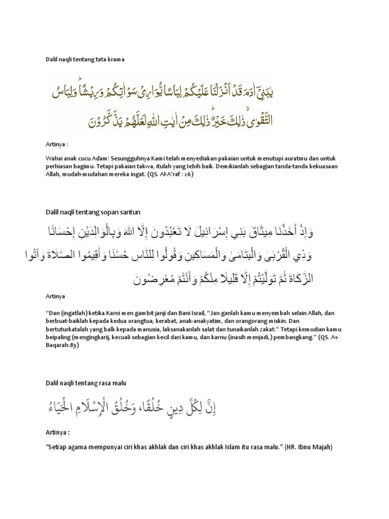 Dalil Naqli tentang Tata Krama dan Akhlak | PDF | Sejarah | Agama ...