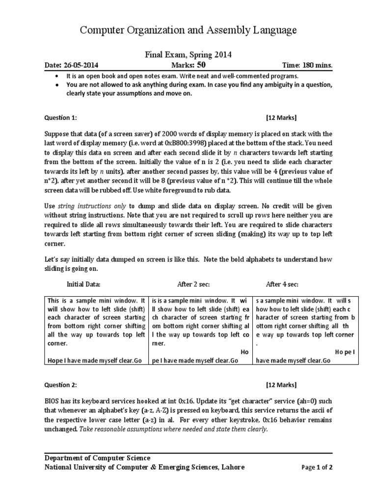 Computer Organization and Assembly Language: Final Exam, Spring 2014 ...