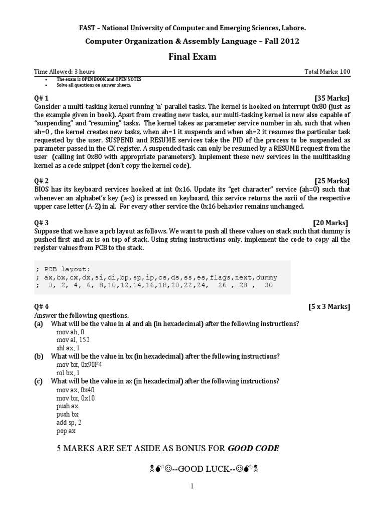 Final Exam: Computer Organization & Assembly Language - Fall 2012 | PDF ...