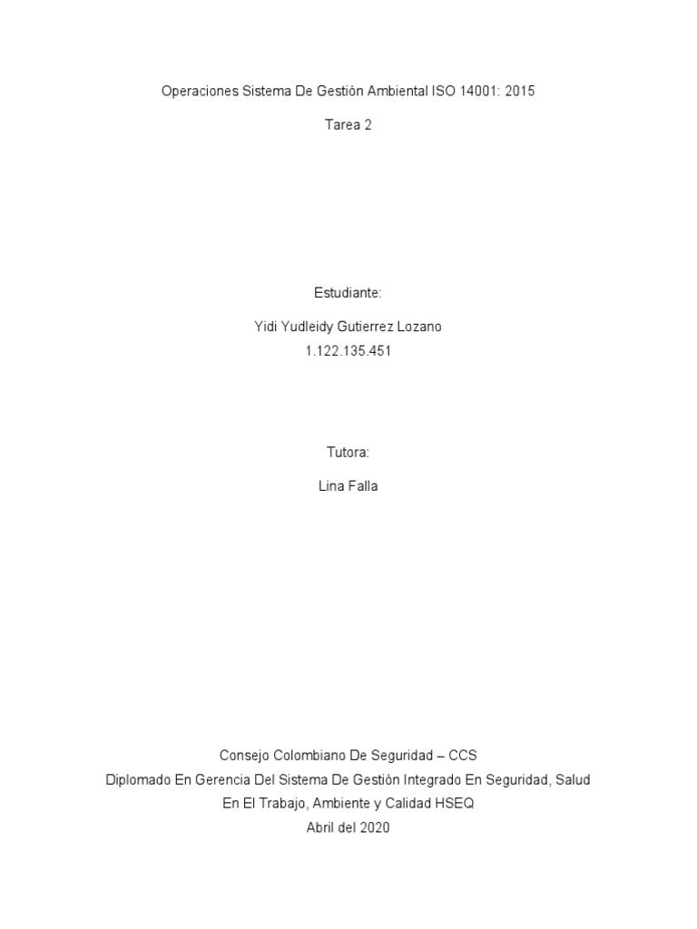 Operaciones Sistema de Gestión Ambiental ISO 14002 | PDF ...