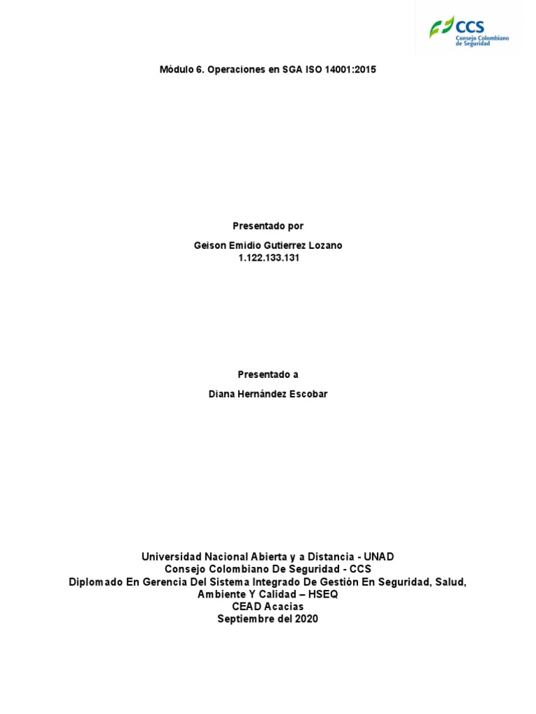 Tarea Modulo 6 - Operaciones en SGA | PDF | Organización internacional para la estandarización ...