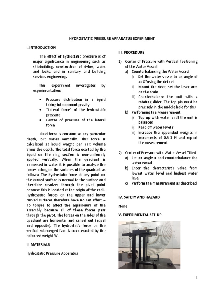 Hydrostatic Pressure Apparatus Experiment Iii. Procedure | PDF | Pressure | Soft Matter