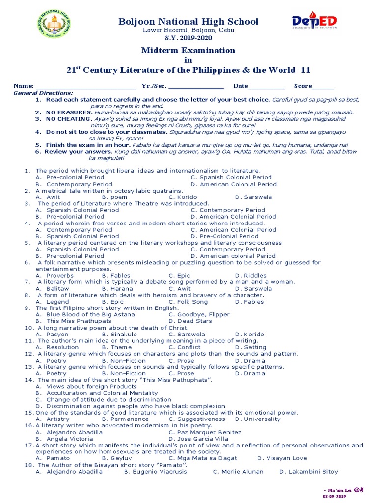 21st Century Literature Midterm Exam | PDF | Tagalog Language | Poetry